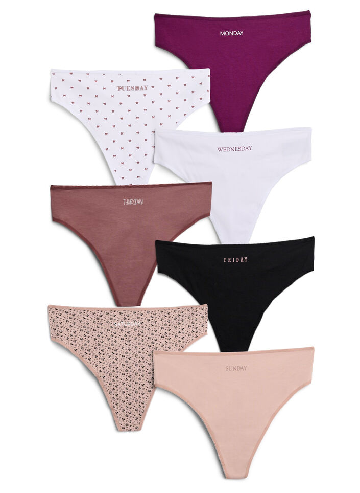 7 kpl G-stringejä puuvillasta, joissa viikonpäivät printillä - Vaaleanpunainen - Koot 40-64 - Zizzi